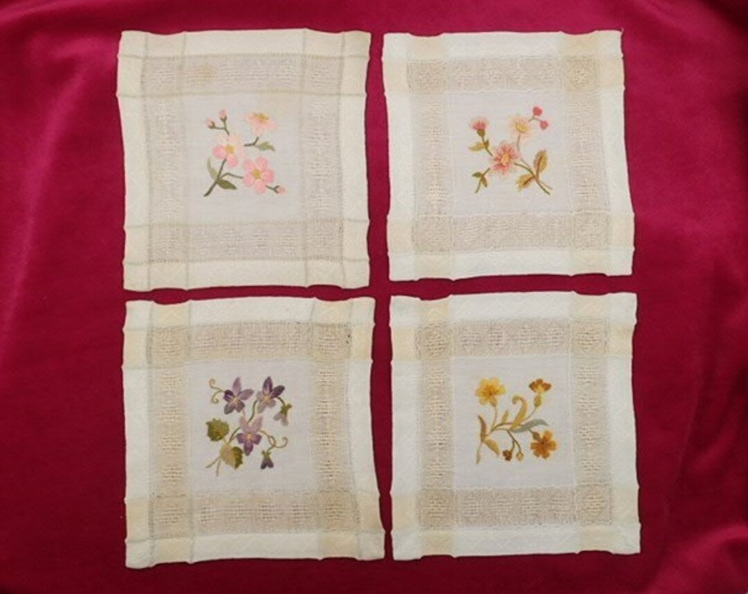 1930s Embroidered Flowers Mat Doily Hand Embroidery Square Patchwork ...
