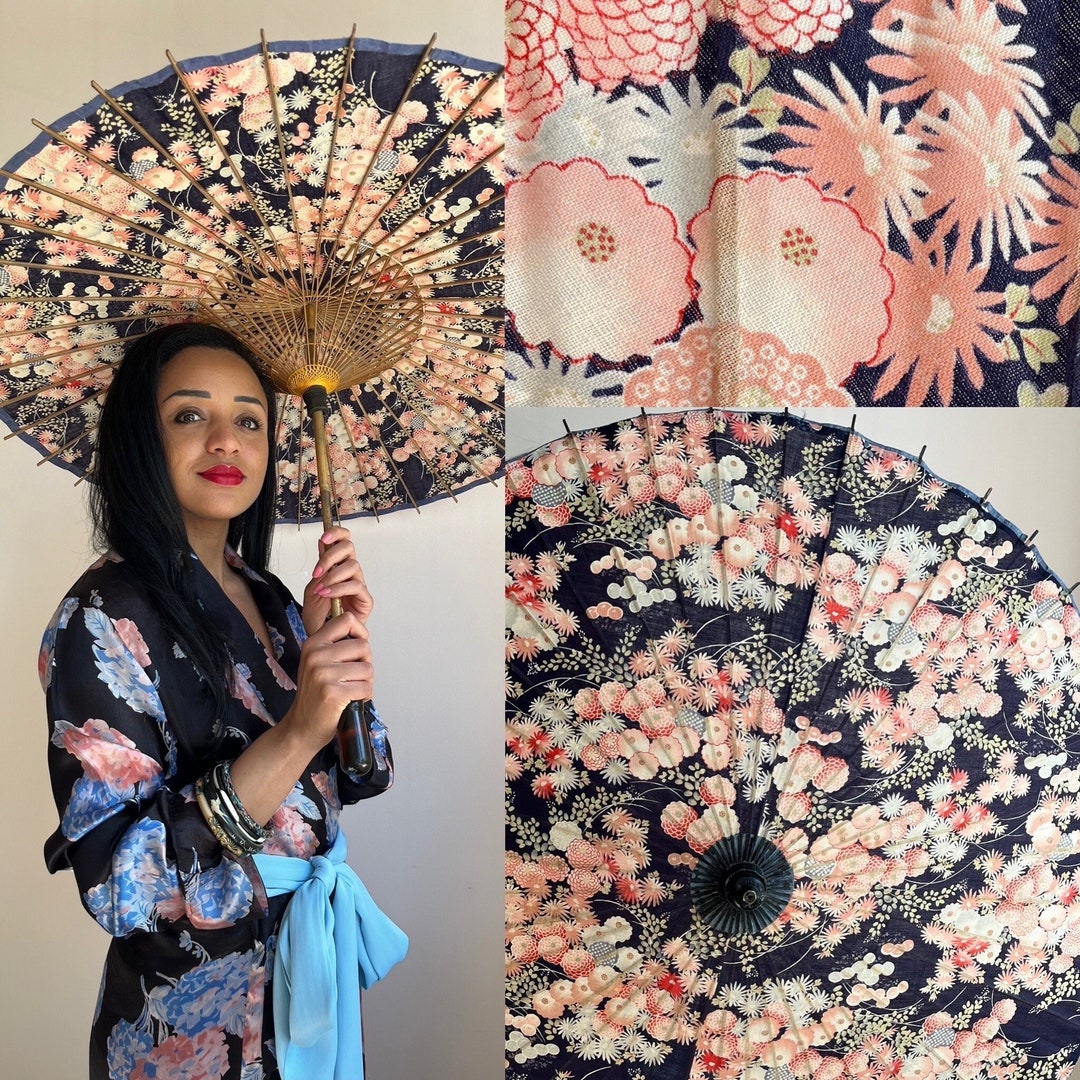 1920s Japanese Cotton Sun Parasol Pink Flowers Floral Home Décor ...