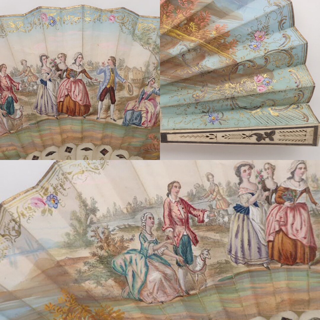 19th Century Hand Fan Intricate Hand Painted Pastoral Scene Metallic ...