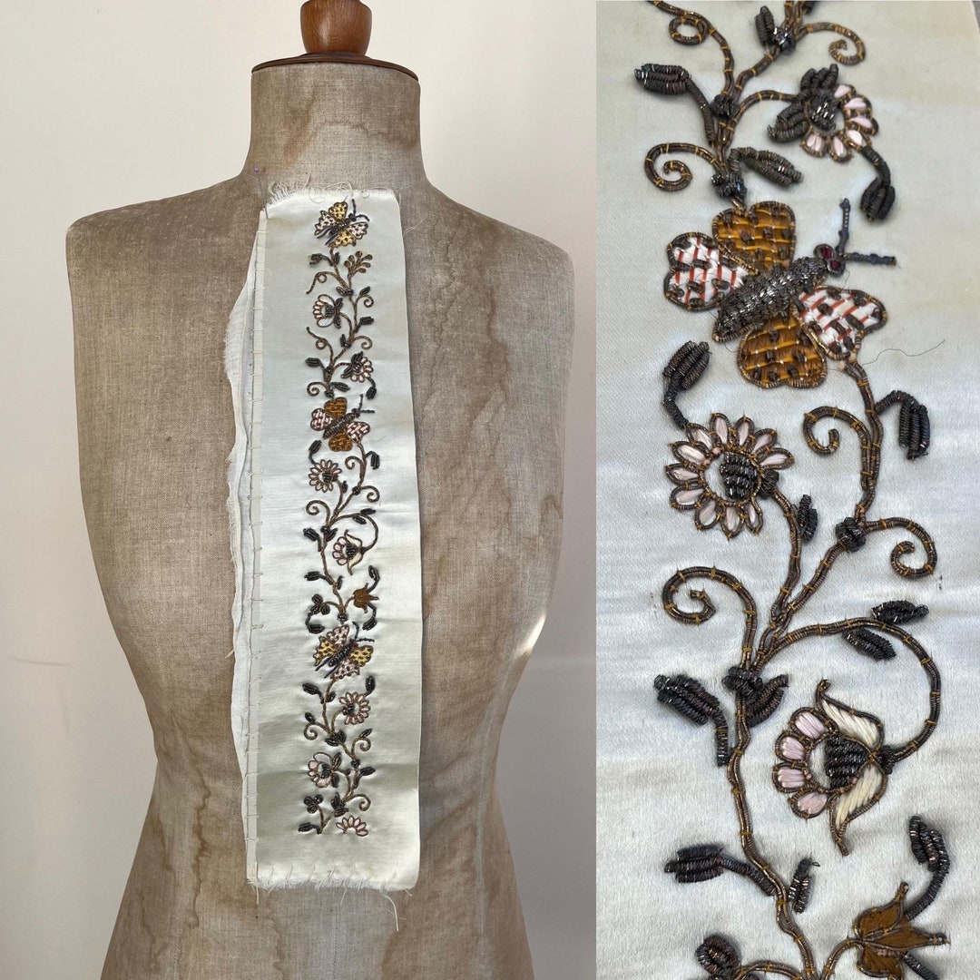 19th Century Embroidered Butterflies Silk Panel | Couching Gold Work ...