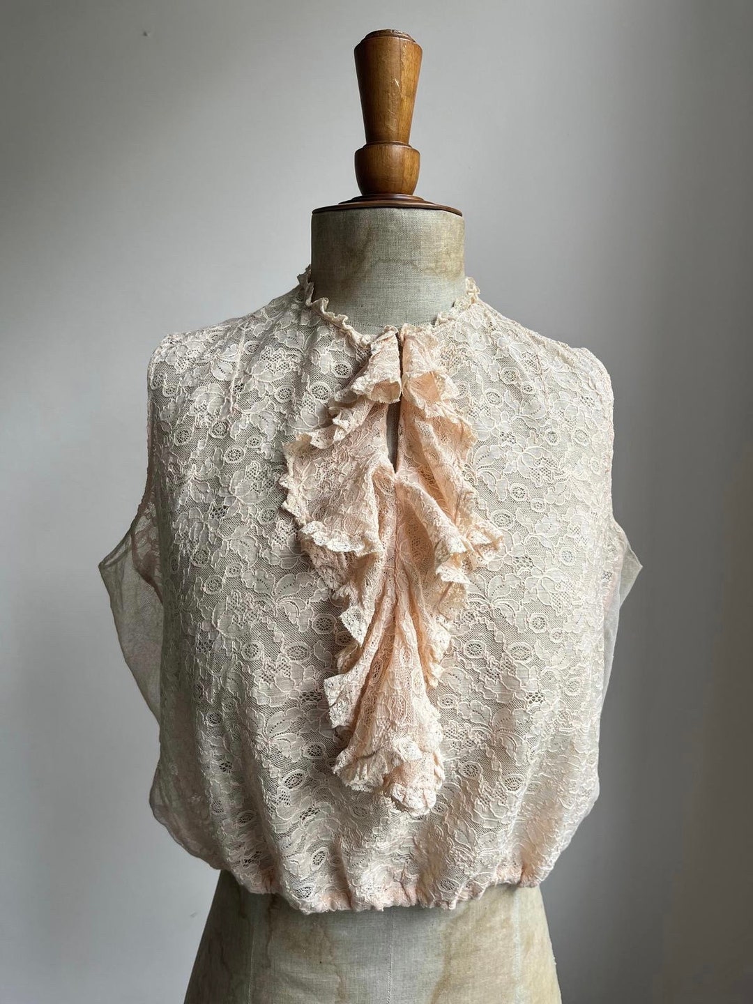 1930s Dickey Blouse | Ruffle Floral Lace Tulle Back | Top Vest Bib ...