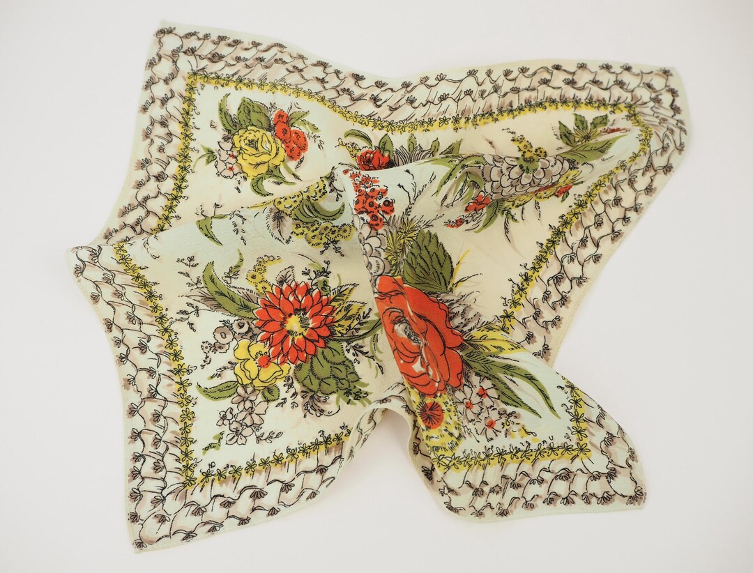 1930s Bouquet Handkerchief | Roses Floral Patterns Rayon Hankie ...