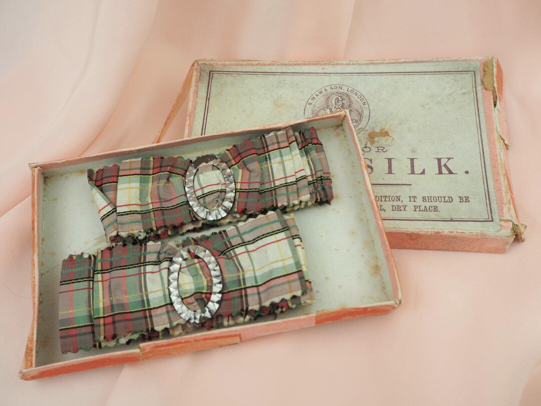 19th Century Tiny Cuffs Sleeve Garters | Tartan Silk Ribbon Gathered ...