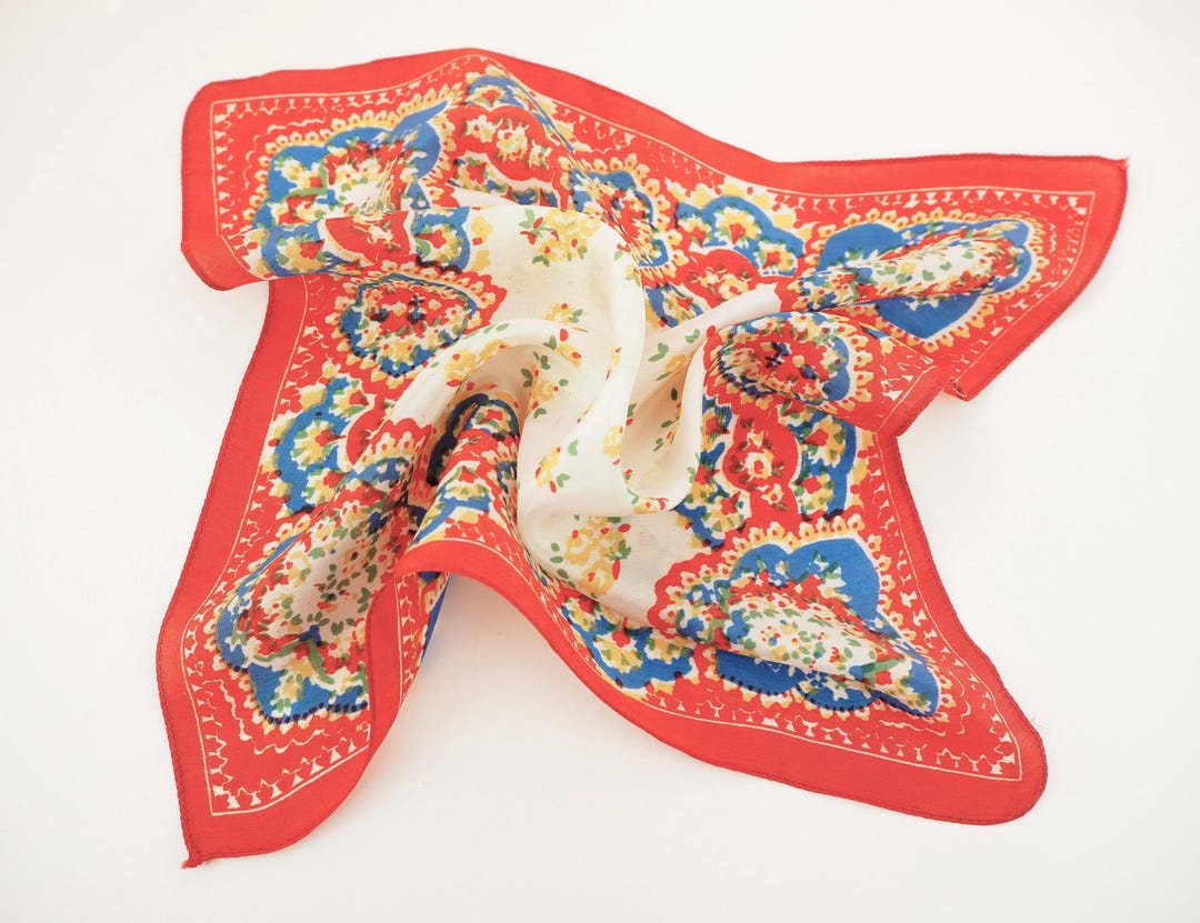 1940s Handkerchief | Floral Patterned Soft Rayon Red Blue Yellow ...