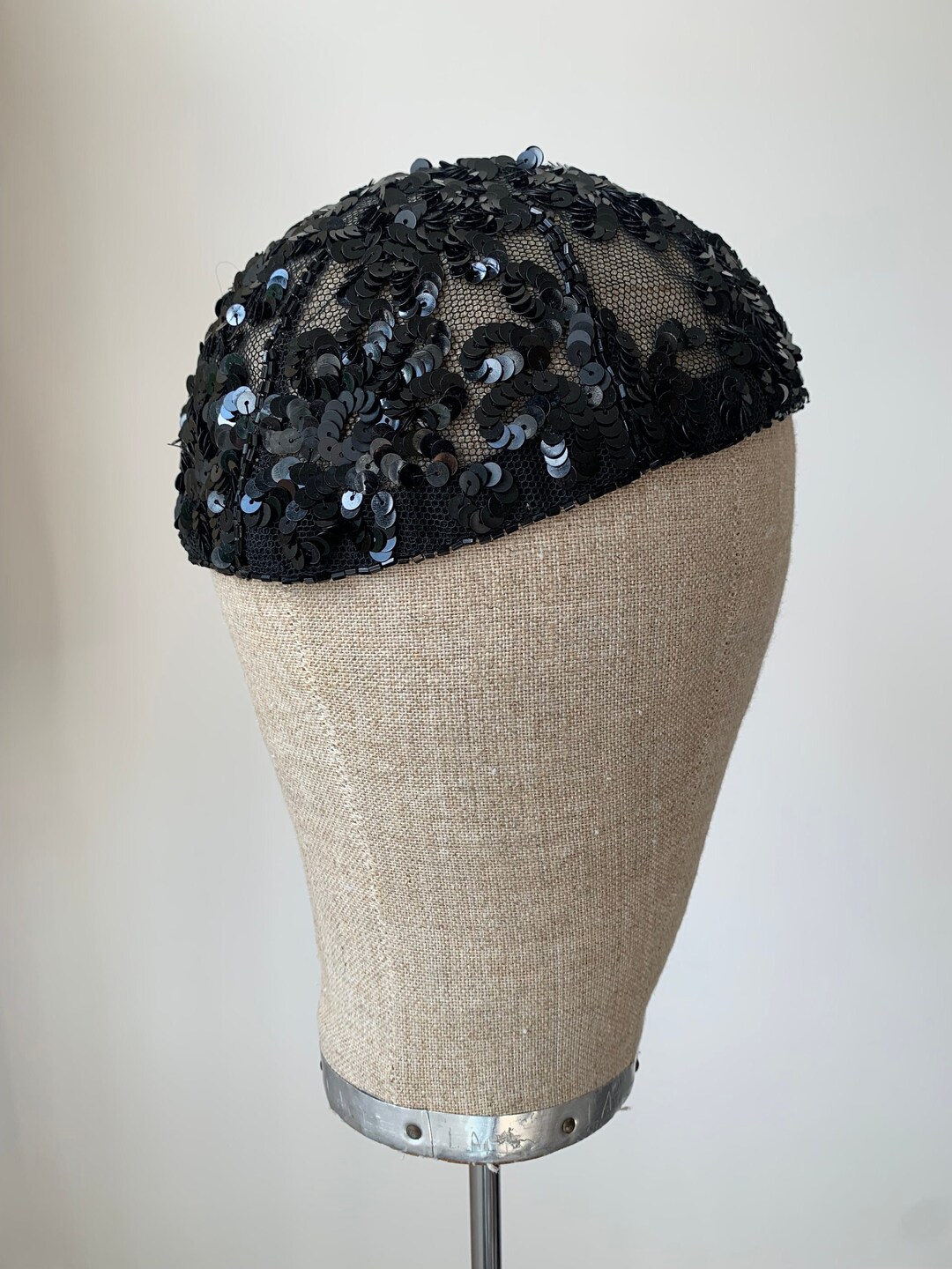 French 1920s Flapper Cap Embellished Black Tulle Glossy Sequins Art ...