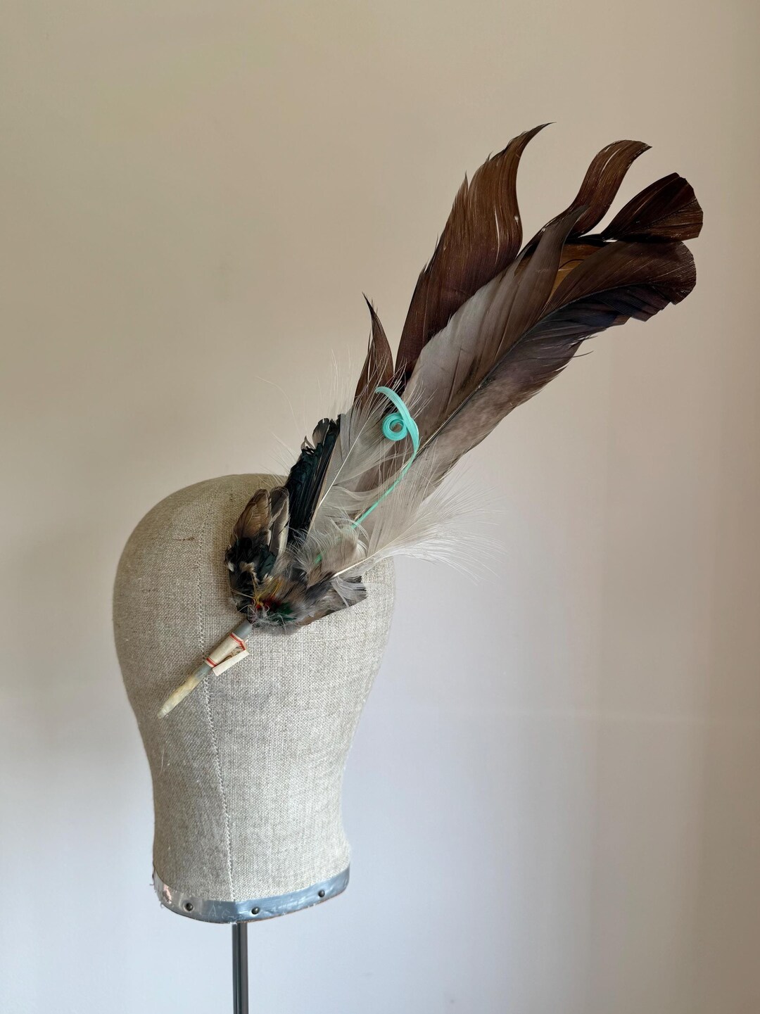 1900s Millinery Feather Piece | Aqua Brown Grey Hat Feathers Costume ...