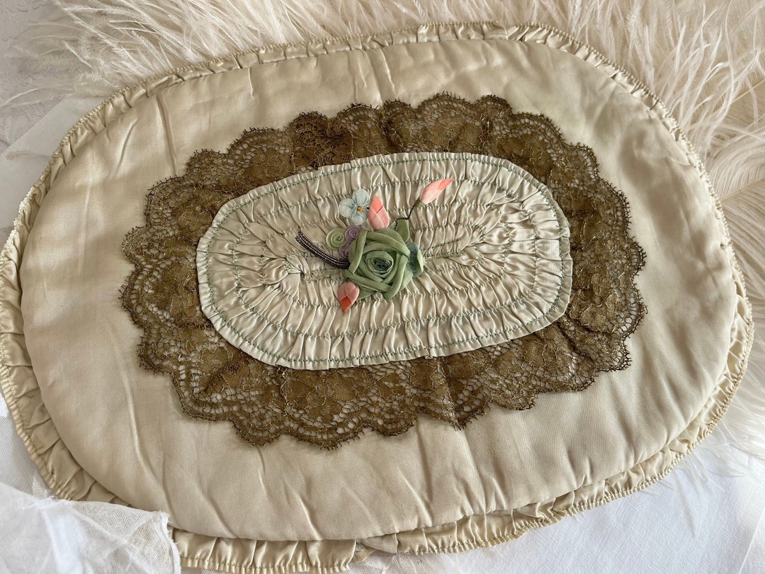 1930s Ribbon Work Boudoir Case Metallic Gold Lace Roses Lingerie Pyjama ...