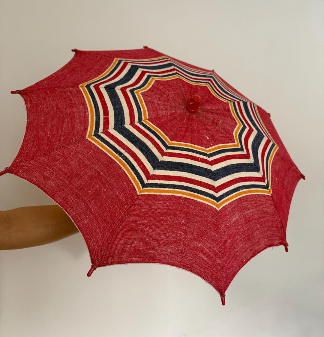 1930s Mini Sun Parasol | Red Stripped Cotton Fabric | Home Décor ...
