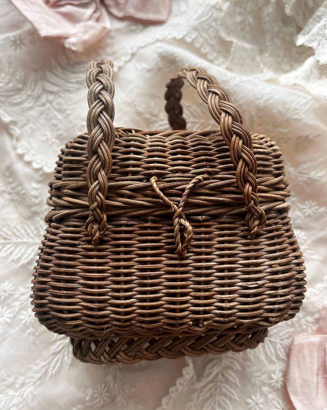 French 1900s Tiny Wicker Basket | Plaited Handles | Antique Vintage ...