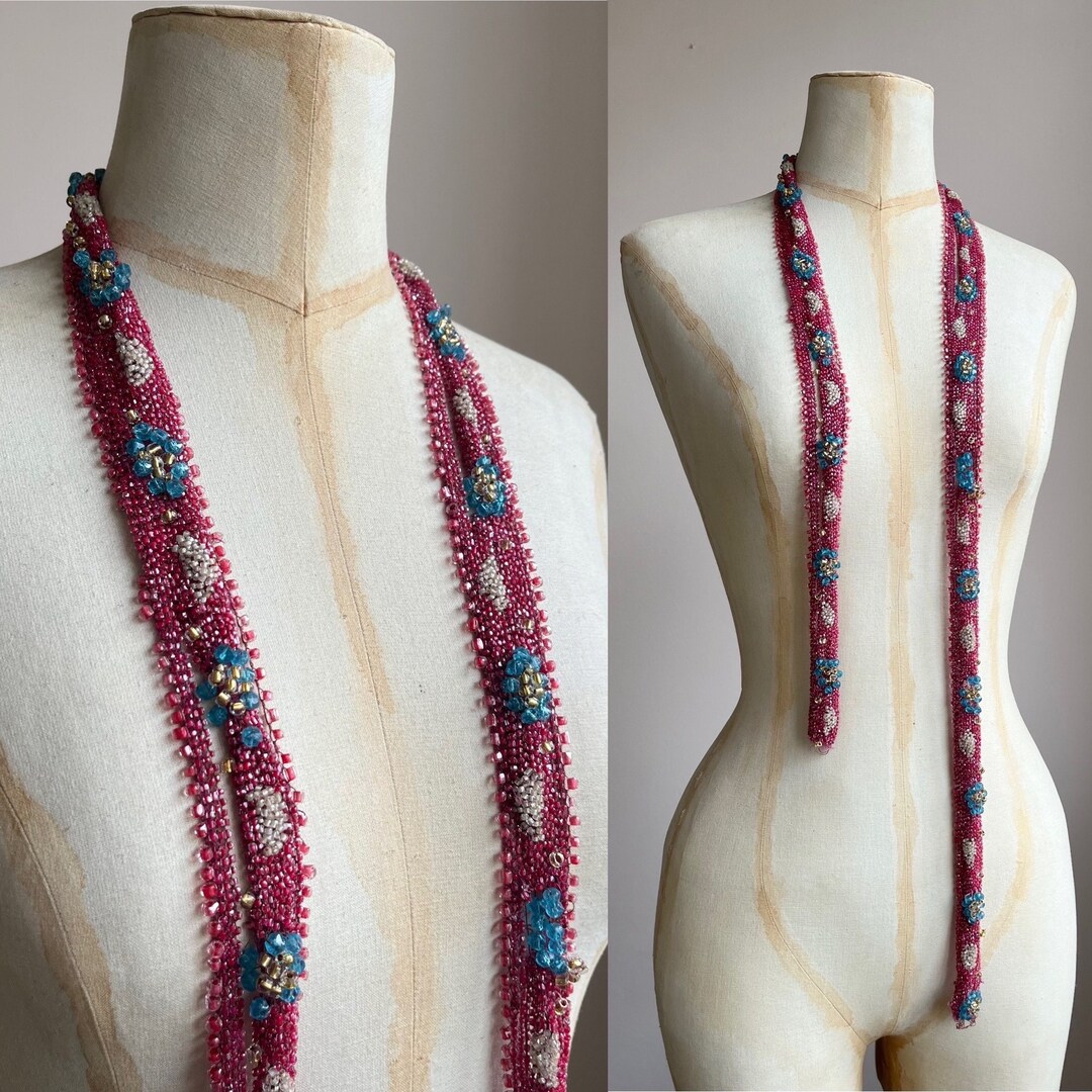 1920s Beaded Trimming Pink Blue Glass Beads Flowers Trim Embellishment ...