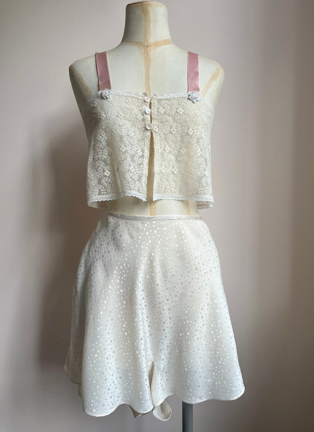 1930s Tap Pants | Hand Embroidered Woven Polka Dot Floral Cream Silk ...