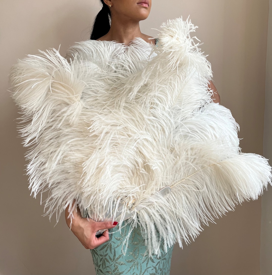 Edwardian Ostrich Feather Hand Fan Mother of Pearl MOP Antique 1900s ...