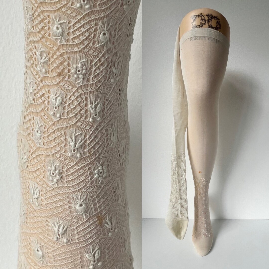 19th C. French Stockings | Drawn Thread Work Embroidered Flowers ...