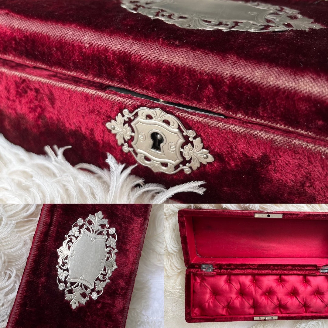French 19th Century Boudoir Box Ruby Red Velvet Silver Glove Hand Fan ...