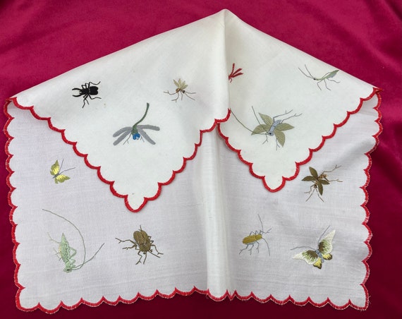 1920s Embroidered Insects Handkerchief | Silk Scallop… - Gem