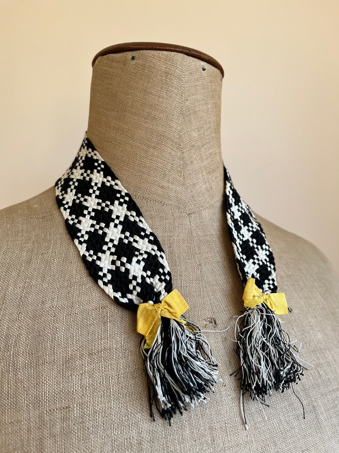 Antique Plaited Sash Neck Tie | Black White Silk Ribbons Fringing ...