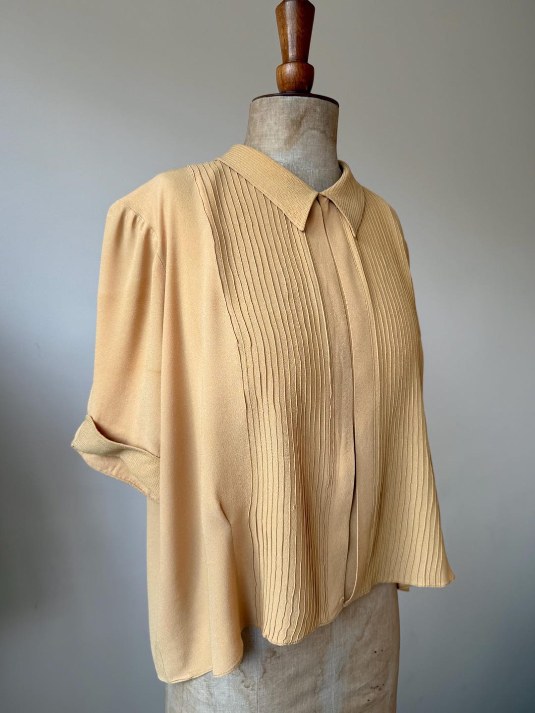 1930s 1940s Crepe Blouse | Soft Gold Pleated Pin Tucks Short Sleeves ...
