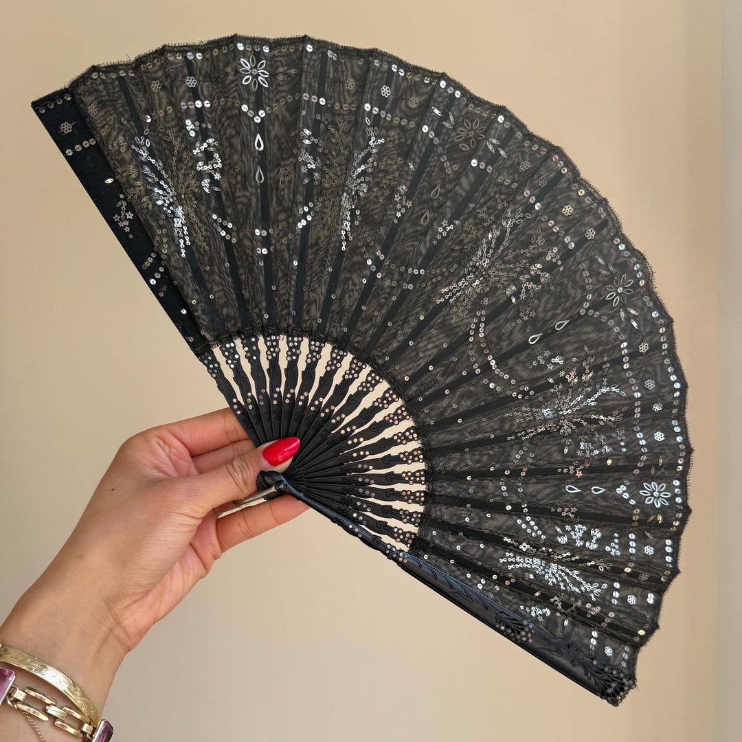 1900s Sparkly Hand Fan | Tiny Silver Star Spangles Sequins Black Sheer ...