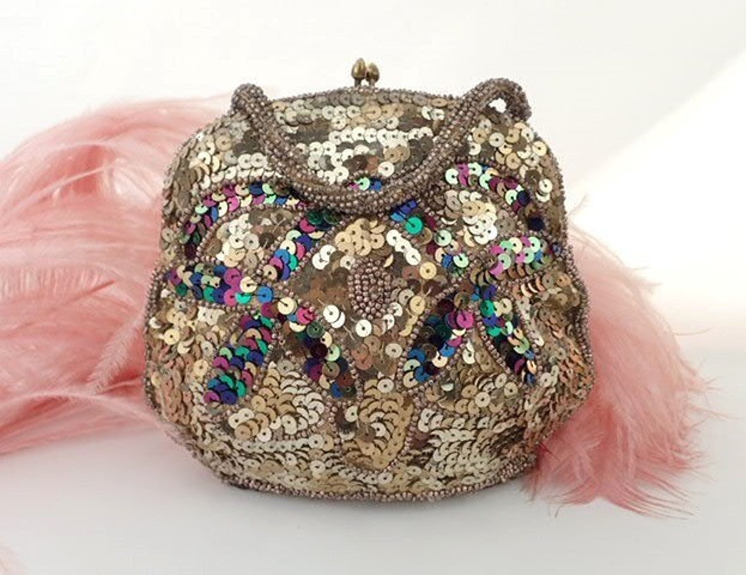 1930s Embellished Purse Evening Bag | Rainbow & Gold Sequins Glass ...