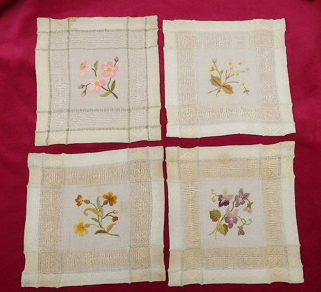 1930s Embroidered Flowers Mat Doily Hand Embroidery Square Patchwork ...