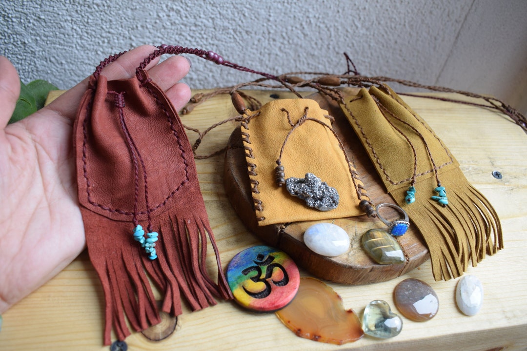 Leather Medicine Pouch Necklace, Fringed Medicine Bag, Macrame Leather ...