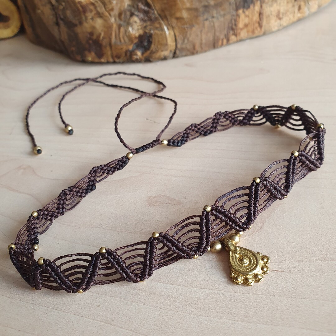 Macrame Brown Choker, Micromacrame Necklace, Brown Tiara, Boho Hippie ...