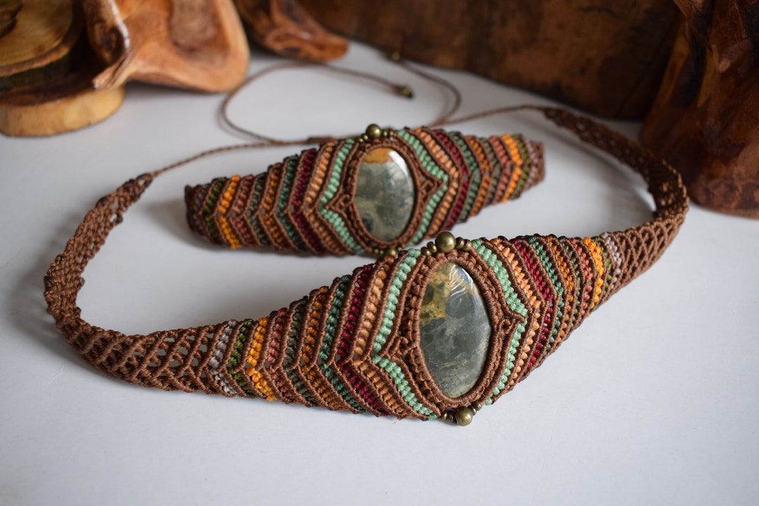 Tribal Style Jewelry Set, Green Jasper Jewelry, Macrame Choker and ...