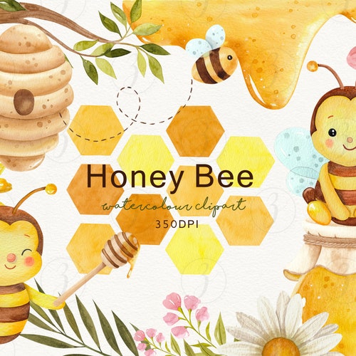 Bee and Honey Clipart Set. Cute Baby Bee Honey Flowers 300 - Etsy