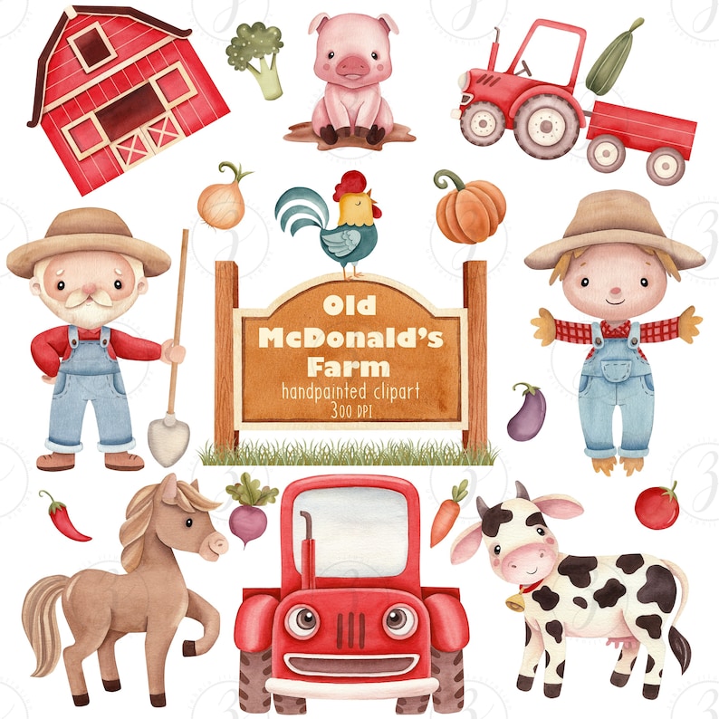 Watercolor Old Mcdonald's Farm Clipart Set (digital Download) - Etsy