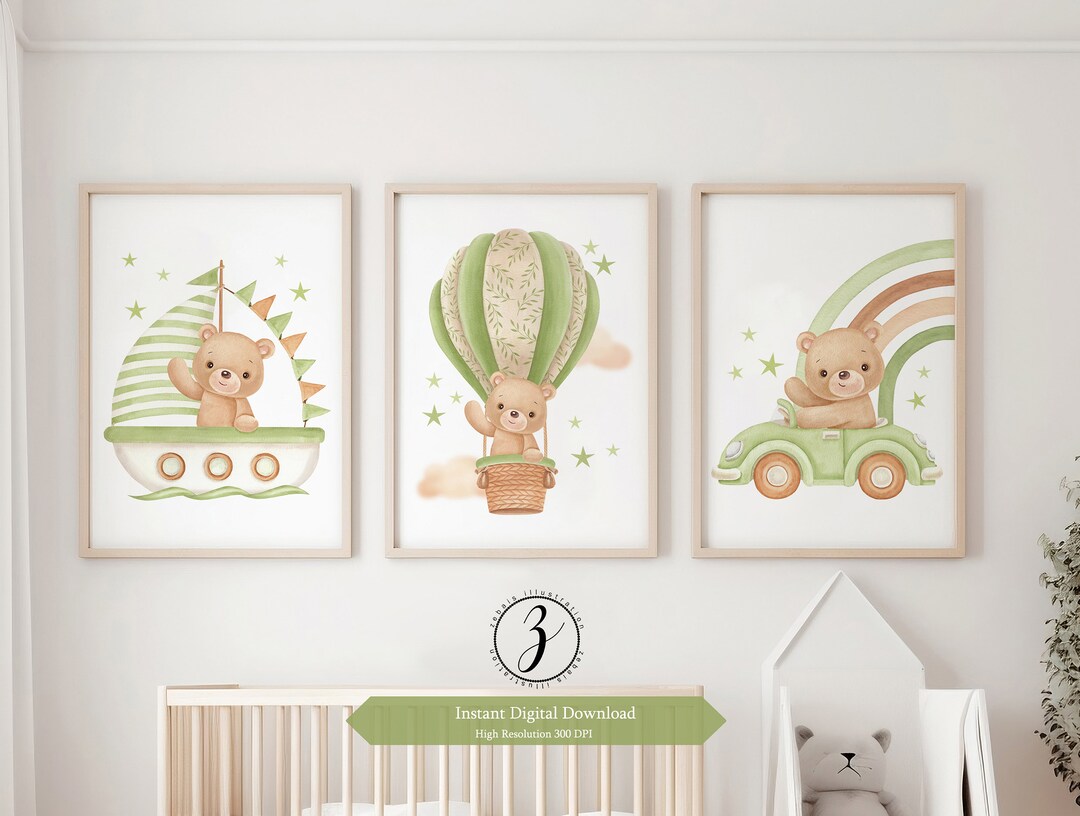 Set of 3 Green Teddy Bear Print, Bear Nursery Decor, Green Nursery ...