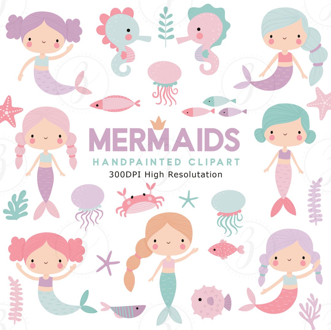 Cute Mermaid Clipart , Under the Sea, PNG, Instant Download, Kids ...
