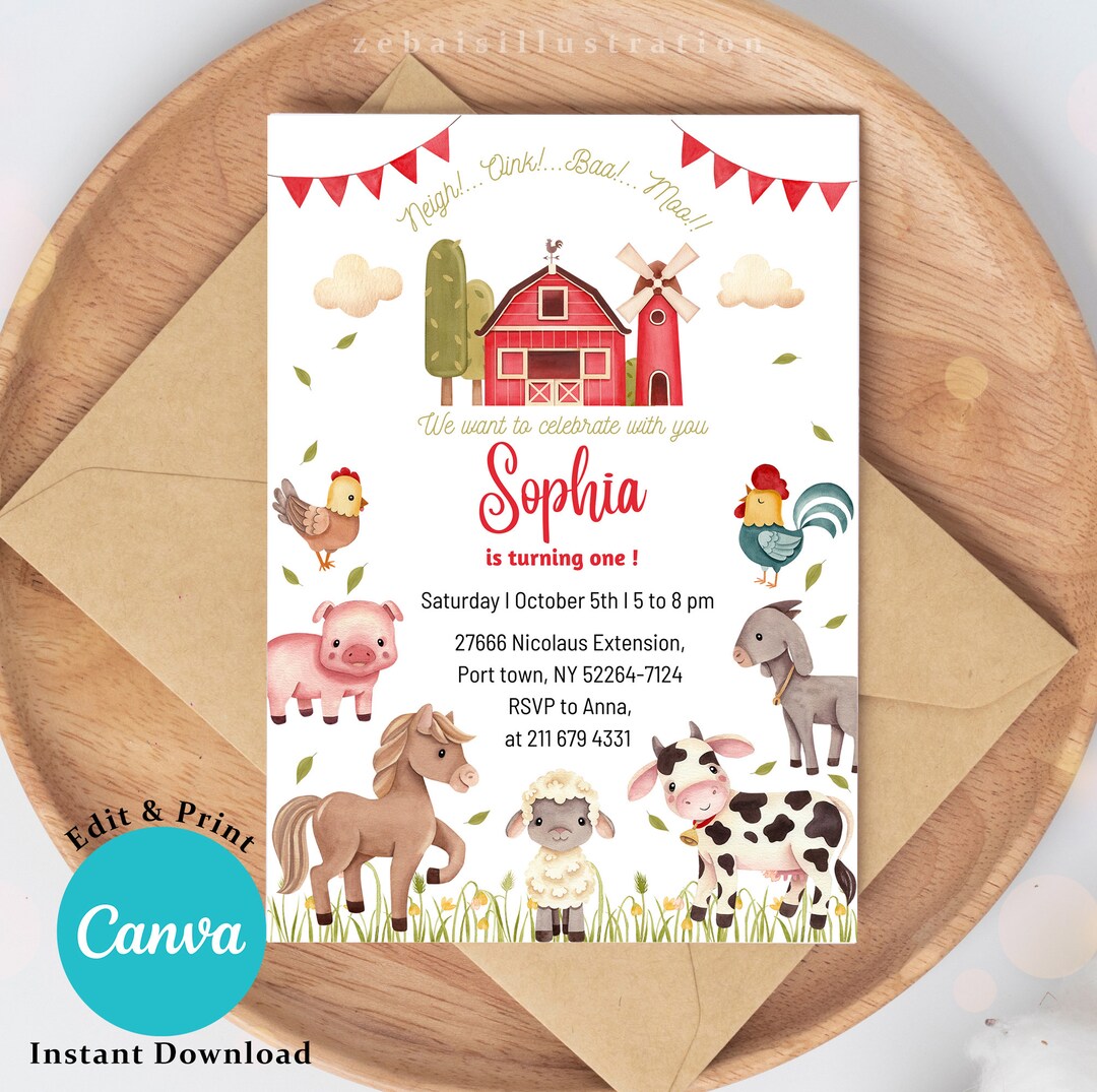 Farm Birthday Party Invitation Template, Farm Animals Birthday ...