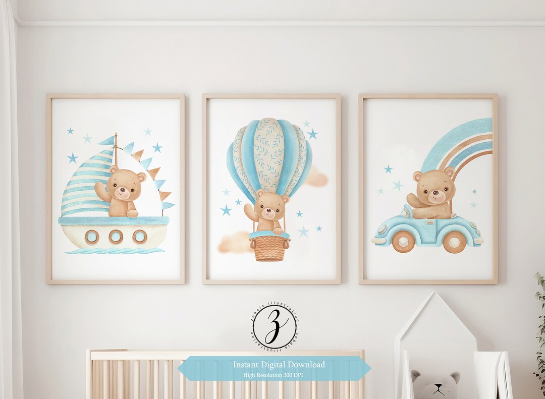 Set of 3 Blue Teddy Bear Print, Bear Nursery Decor, Blue Nursery Poster ...