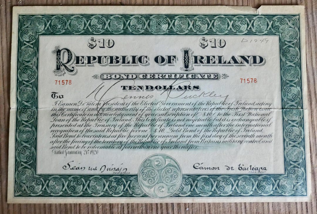 1920 Irish Bond Certificate, Republic of Ireland, 10 Dollar Currency - Etsy