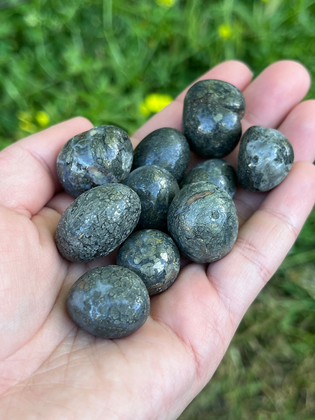 Tumbled Pyrite in Agate, Pyrite Flower Stones | Polished Agate With ...