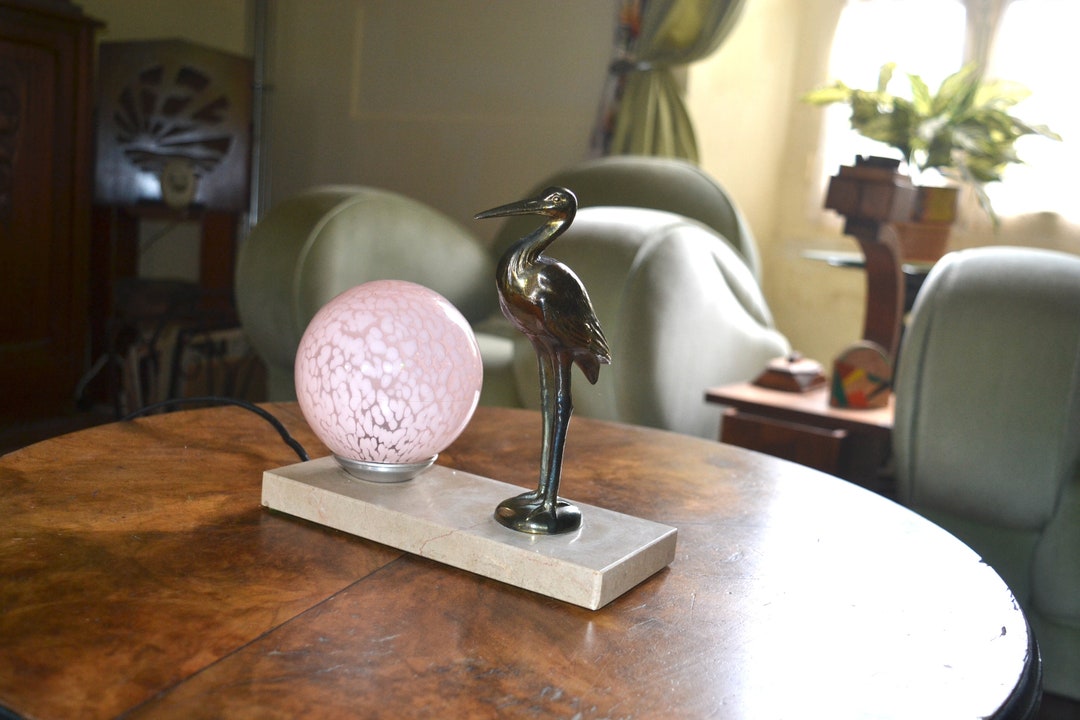 French Art Deco Spelter Stork Pink Glass Lamp on Marble Base - Etsy