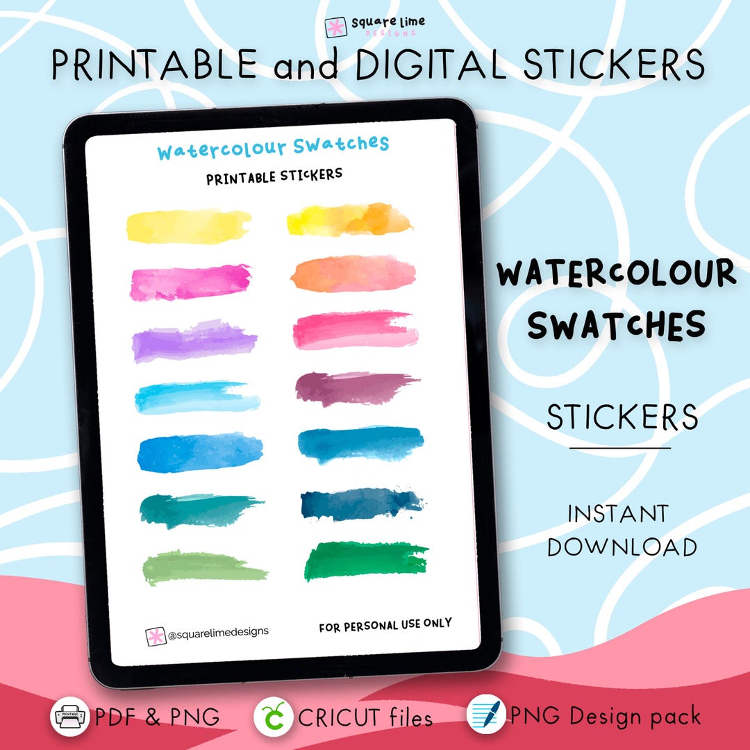 Watercolour Swatches Stickers – Paint Doodles - Printable and Digital ...