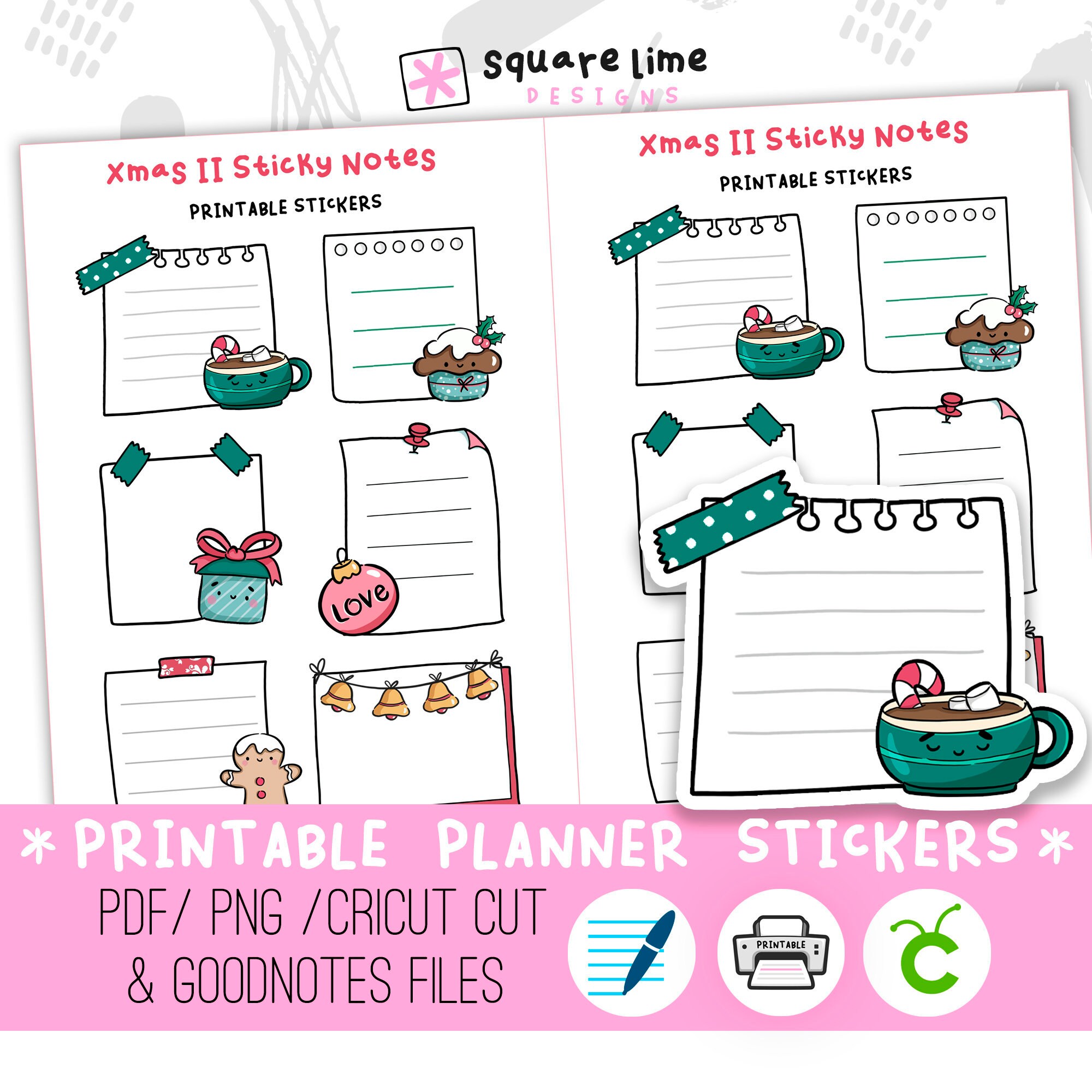 Sticky Notes Printable Stickers with Christmas Doodles #15 — Square ...