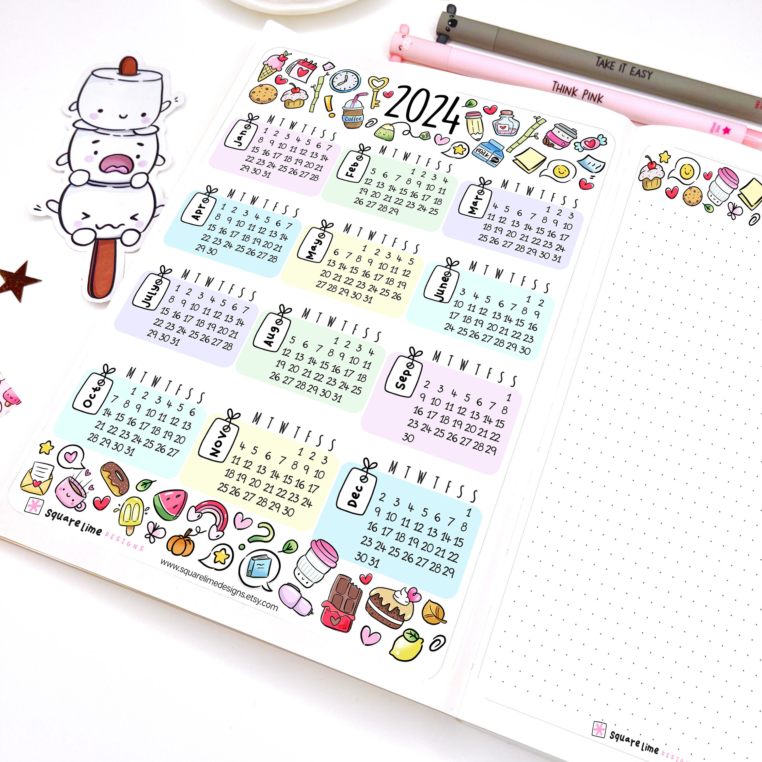 2024 Printable Calendar Sticker Page for your Bullet Journal planner (2 ...