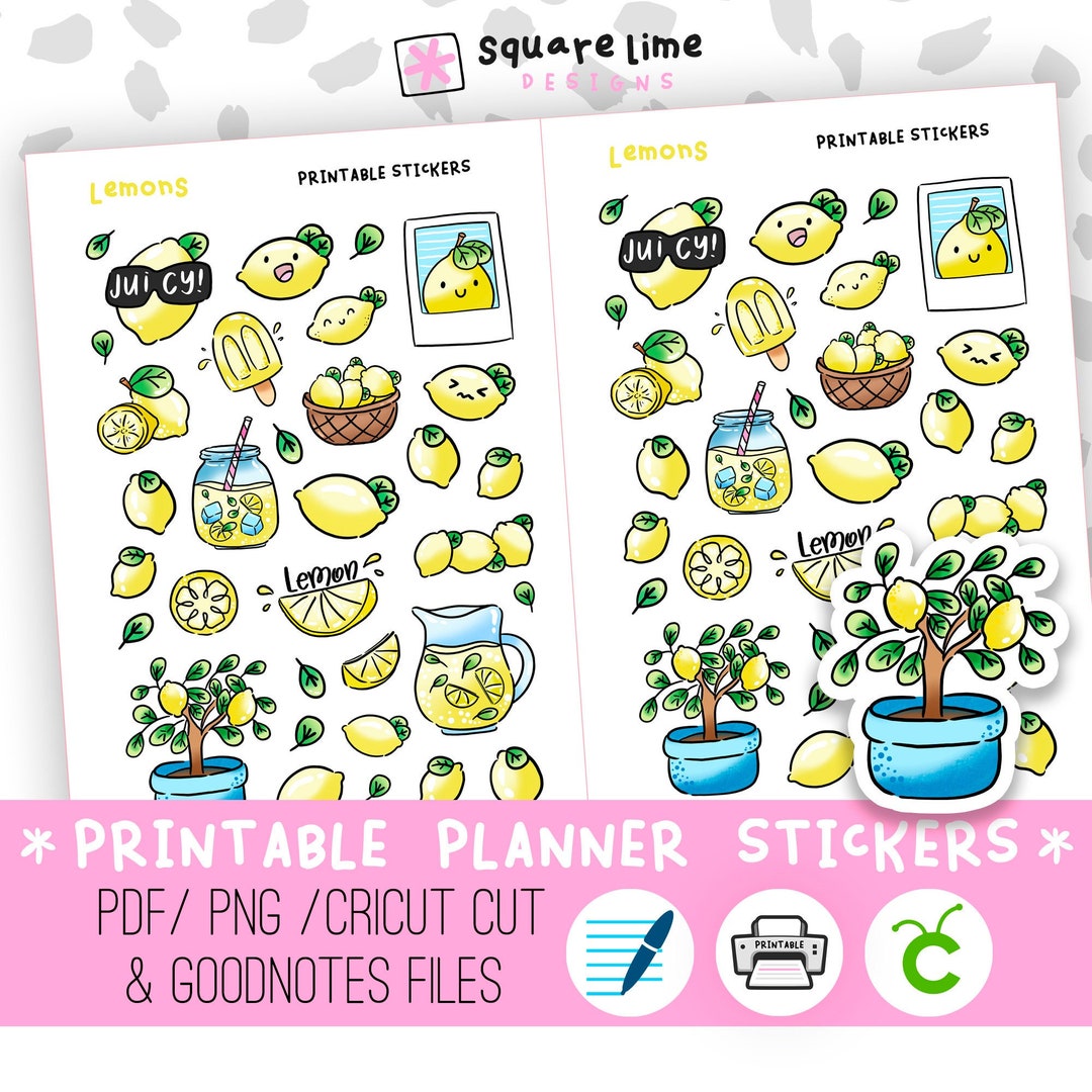 Lemon Doodles Printable Stickers, Yellow Lemons, Fresh Lemonade, Juicy ...