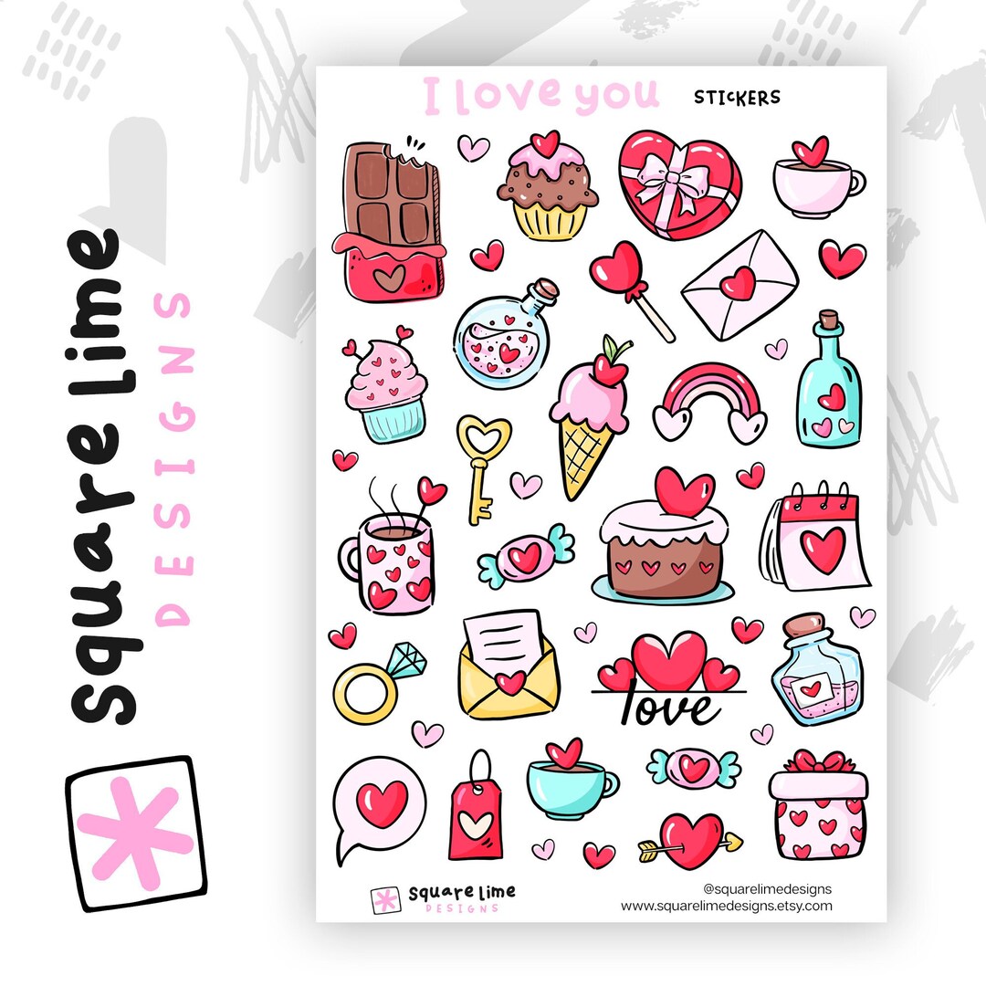 I Love You Doodle Stickers Love Themed Stickers Hearts Valentine's Day ...