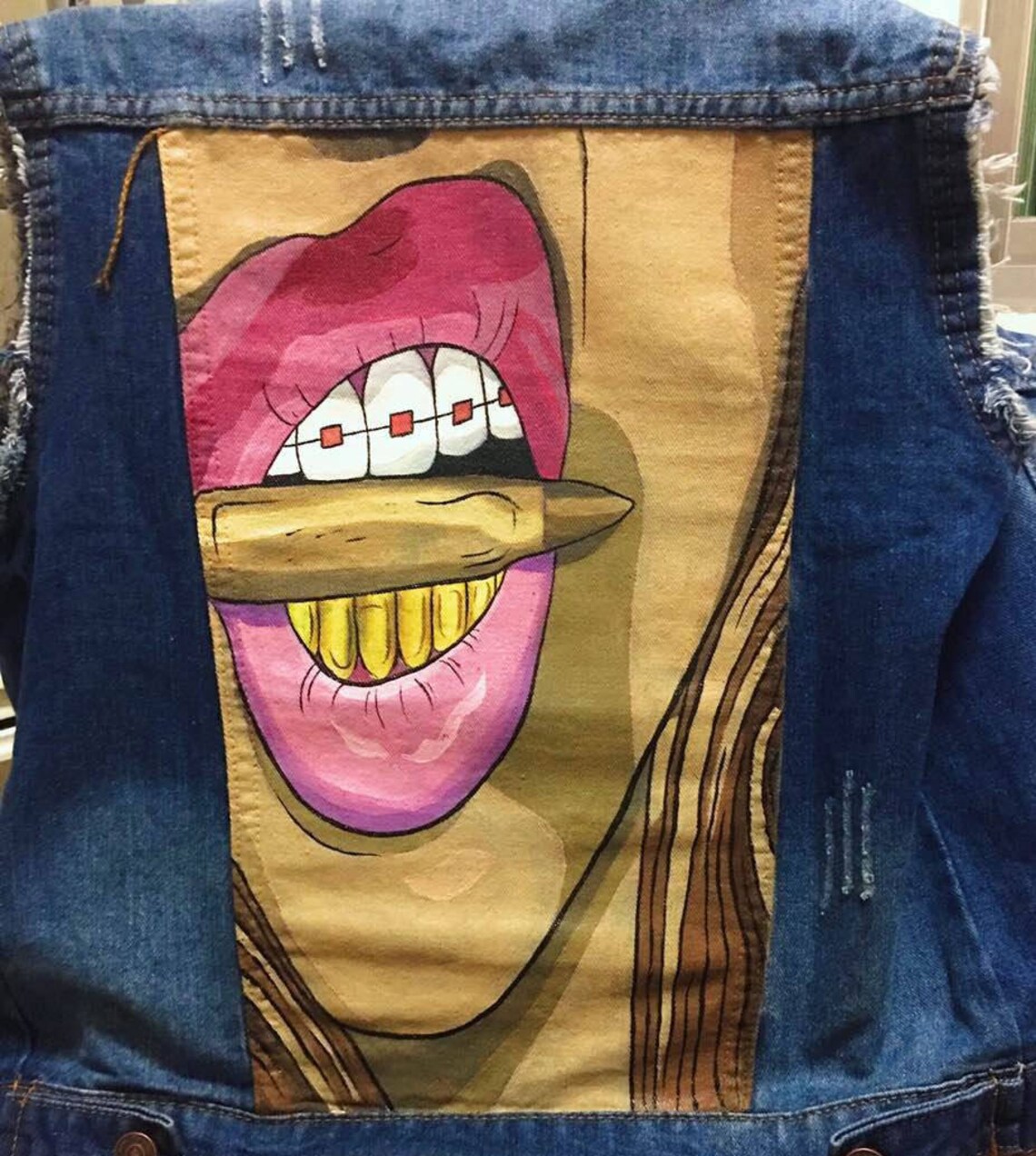 Lips and Teeth Mouth Hand Painted Denim Jacket - Women's Painted Jacket ...