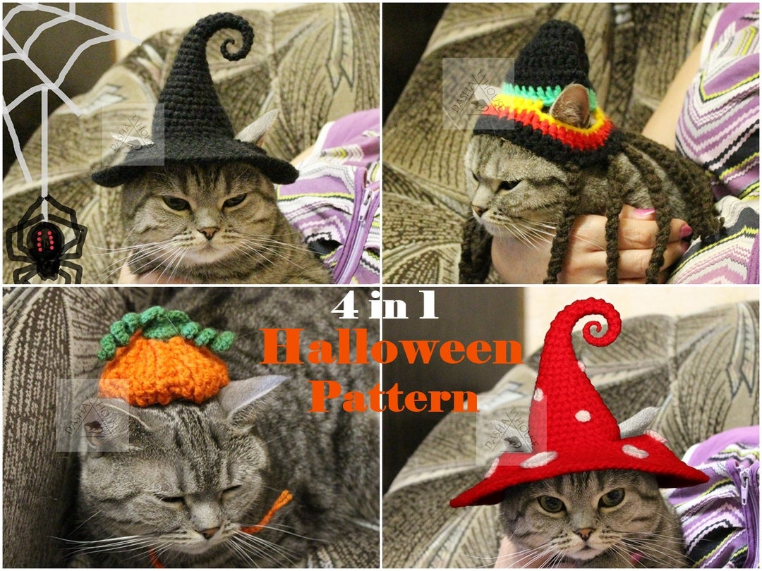 Halloween Cat Hats Crochet Pattern: 4-in-1 Witch, Rasta, Pumpkin ...