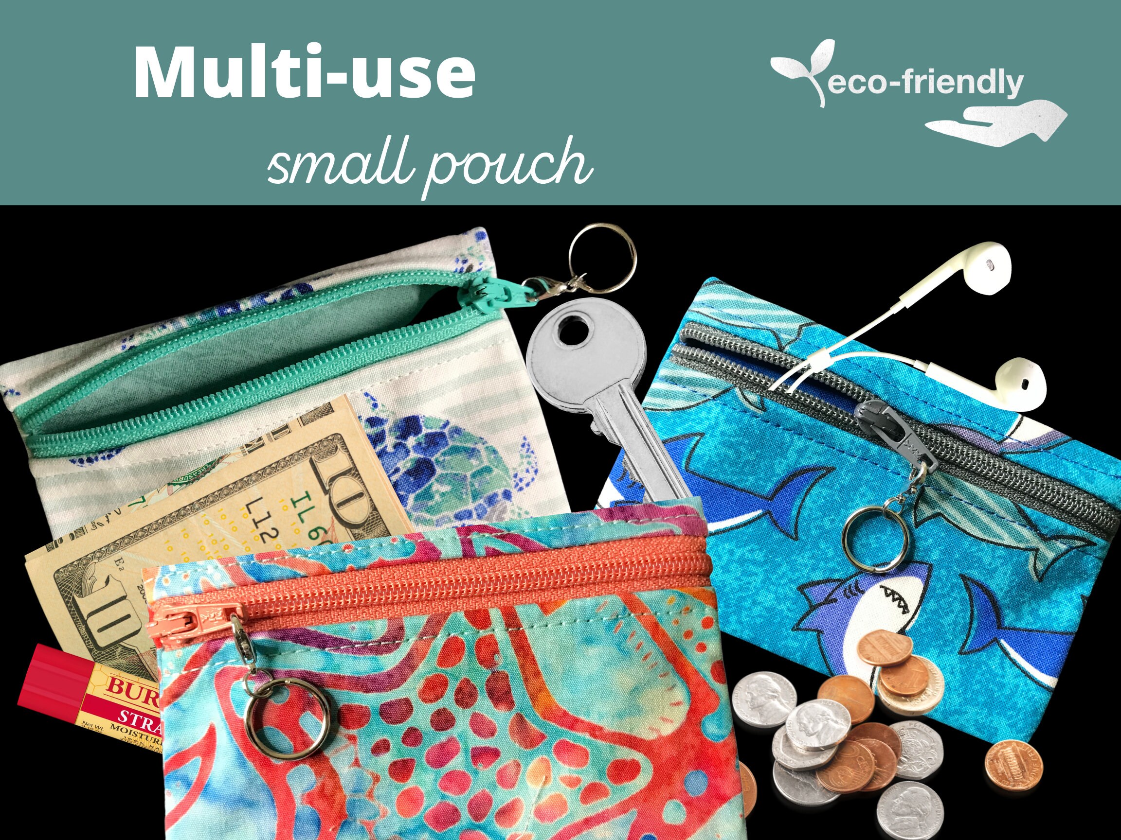 Ocean Theme: Small Fabric Coin Purse, Pouch With Key Ring, Gift Card ...