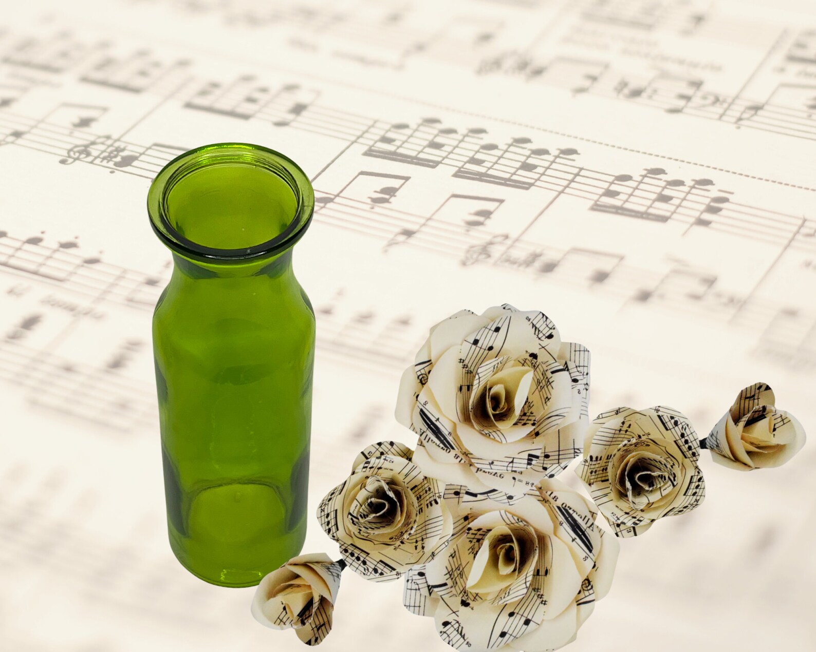Music Paper Rose Floral Arrangement in Green Glass Vase, Half Dozen ...