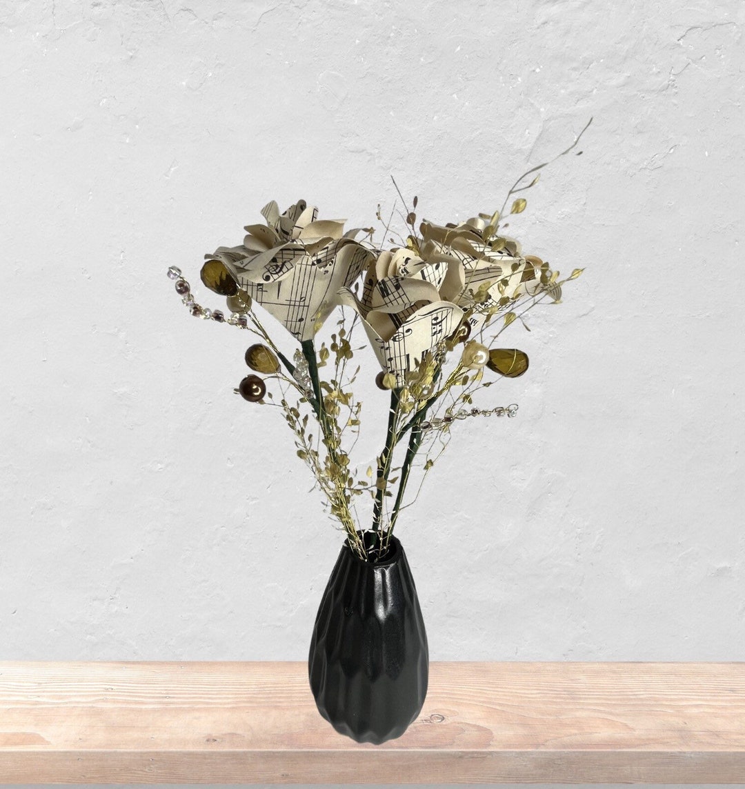 Music Paper Roses, Floral Arrangement in Black Ceramic Vase, Antique ...
