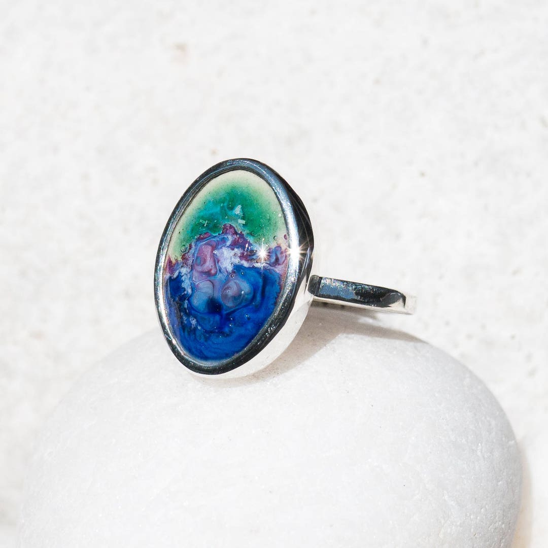 Cobalt Blue Ring Sterling Silver Ring Blue and Green Ceramic Ring ...