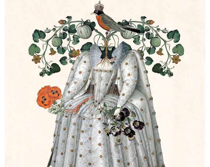 Collage Art Print, Elizabethan Queen, Botanical Art, Foliage, Flowers ...