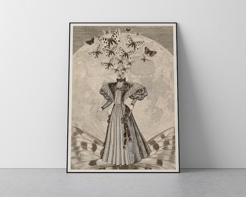 Surreal Collage Art Moth Art Moon Art Print Victorian | Etsy
