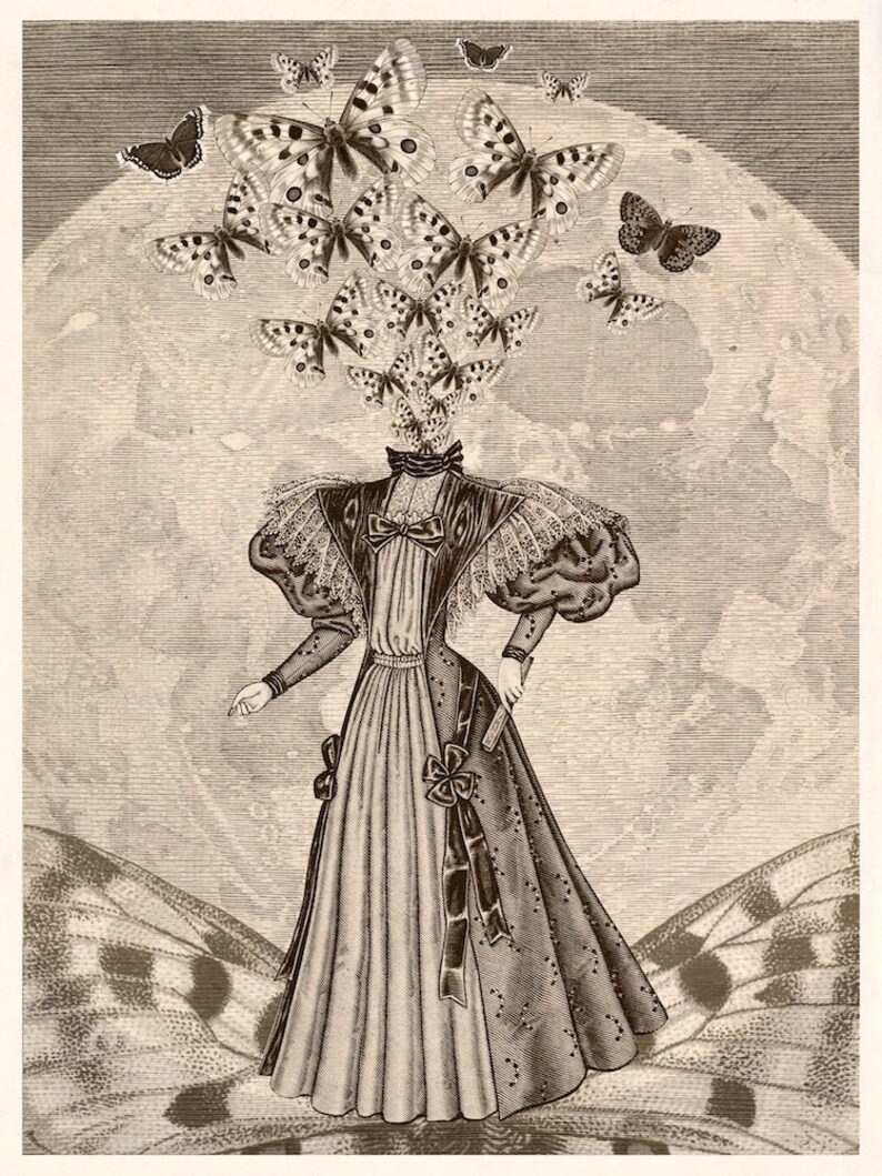 Surreal Collage Art Moth Art Moon Art Print Victorian | Etsy